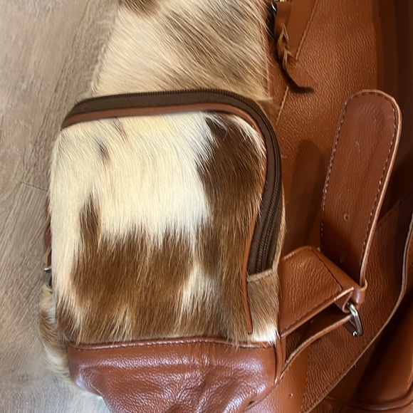 Bags | Genuine Pony Calf Hair And Leather Backpack Tan White Print New ...